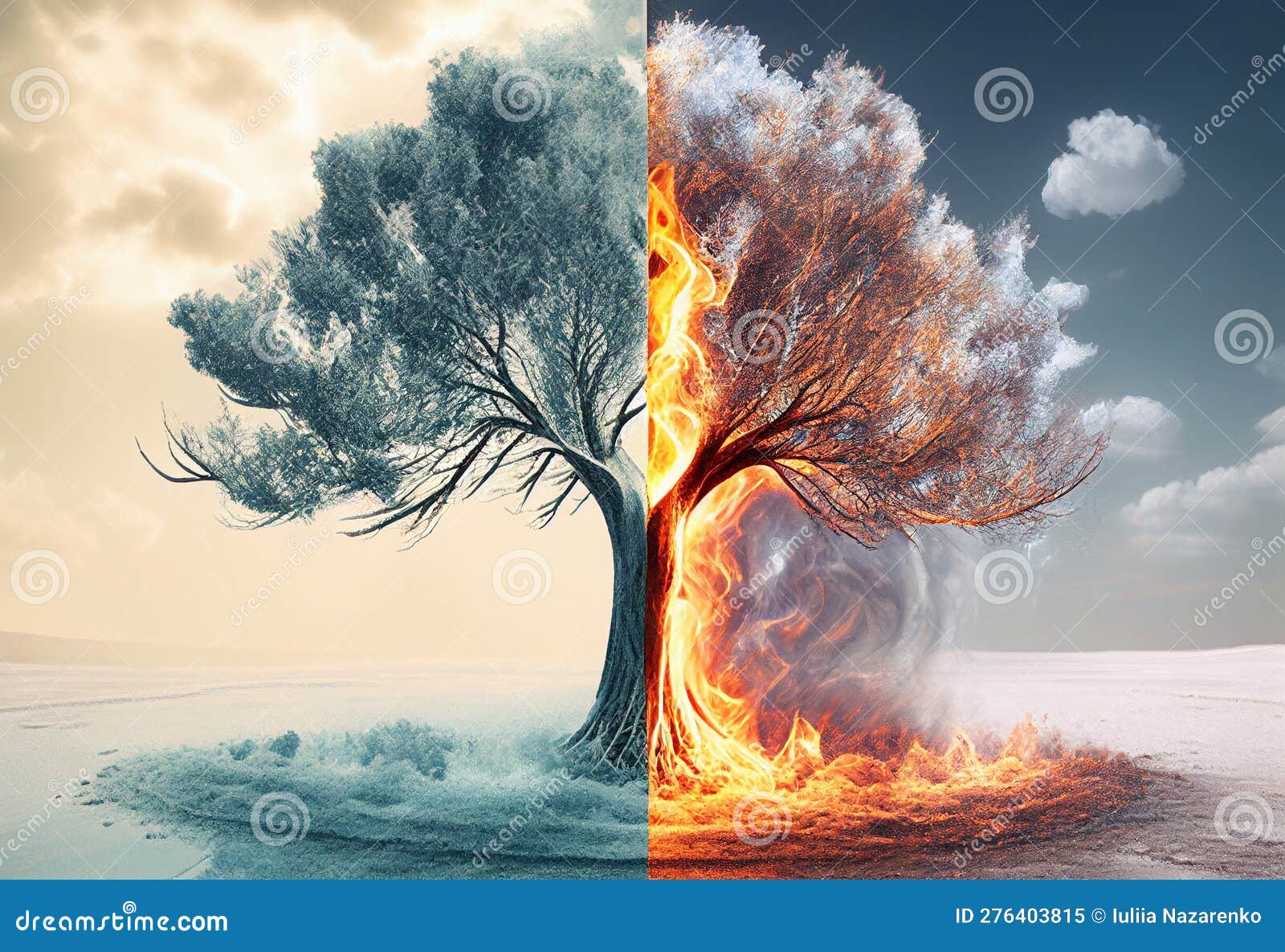 A Large Tree on One Side Burns with Fire, and on the Other is Covered ...
