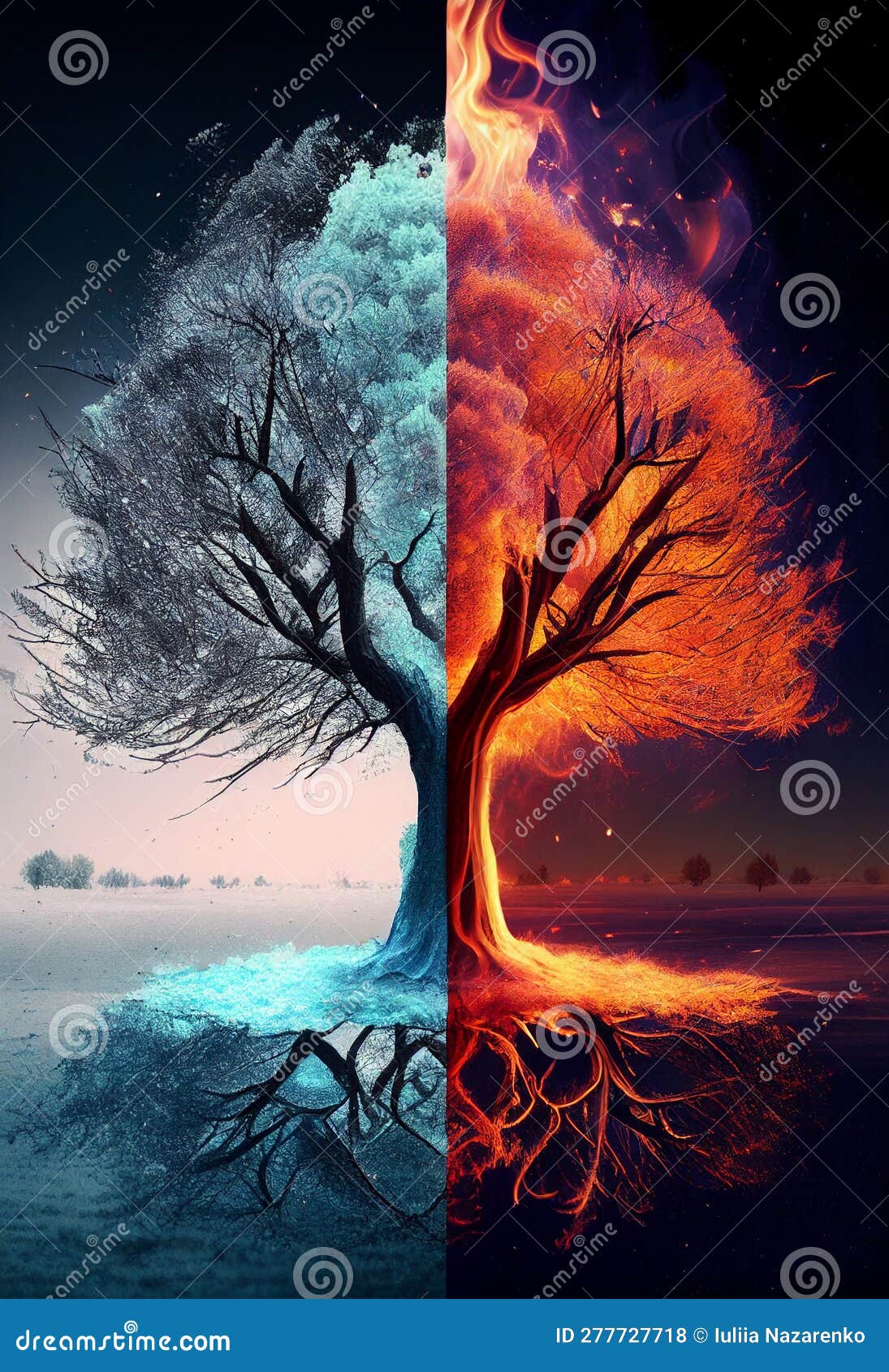 A Large Tree on One Side Burns with Fire, and on the Other is Covered ...