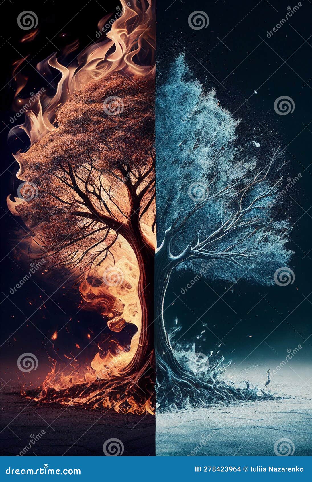 A Large Tree on One Side Burns with Fire, and on the Other is Covered ...
