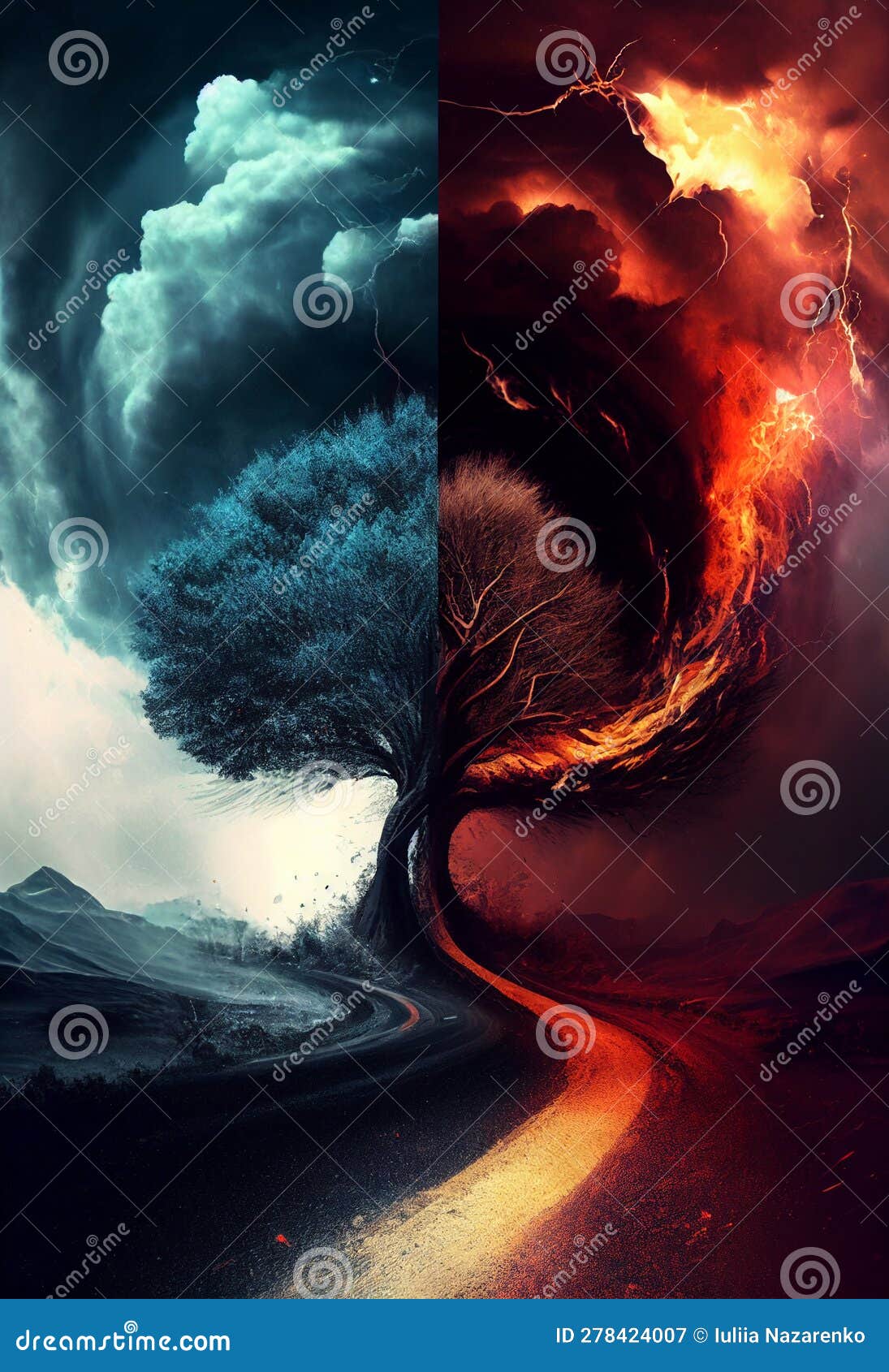 A Large Tree on One Side Burns with Fire, and on the Other is Covered ...
