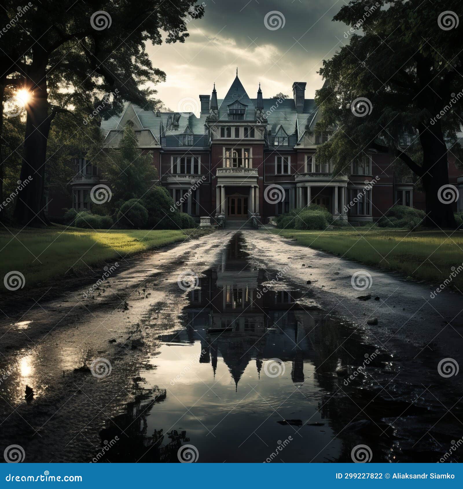 A Large Brick House with a Puddle of Water Stock Photo - Image of ...