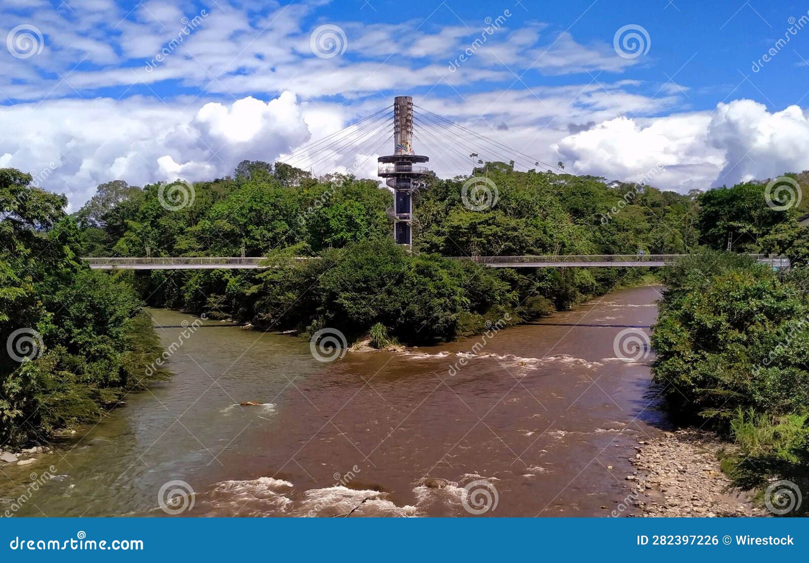 Large Bridge Spanning a Tena River in the Woods, Ecuador Stock Photo ...