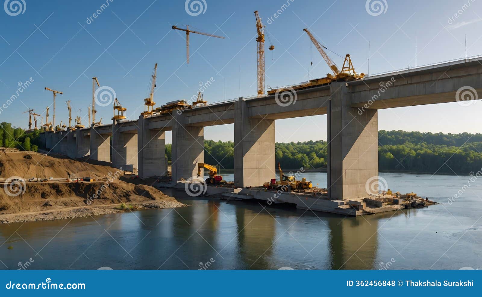 Bridge Construction in Progress with Concrete Pillars, Cranes, and ...
