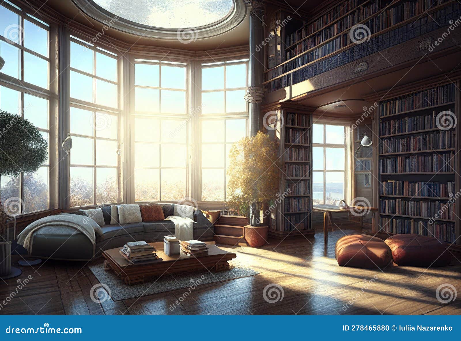 Large Bright Library with Panoramic Windows. AI Generated Stock ...