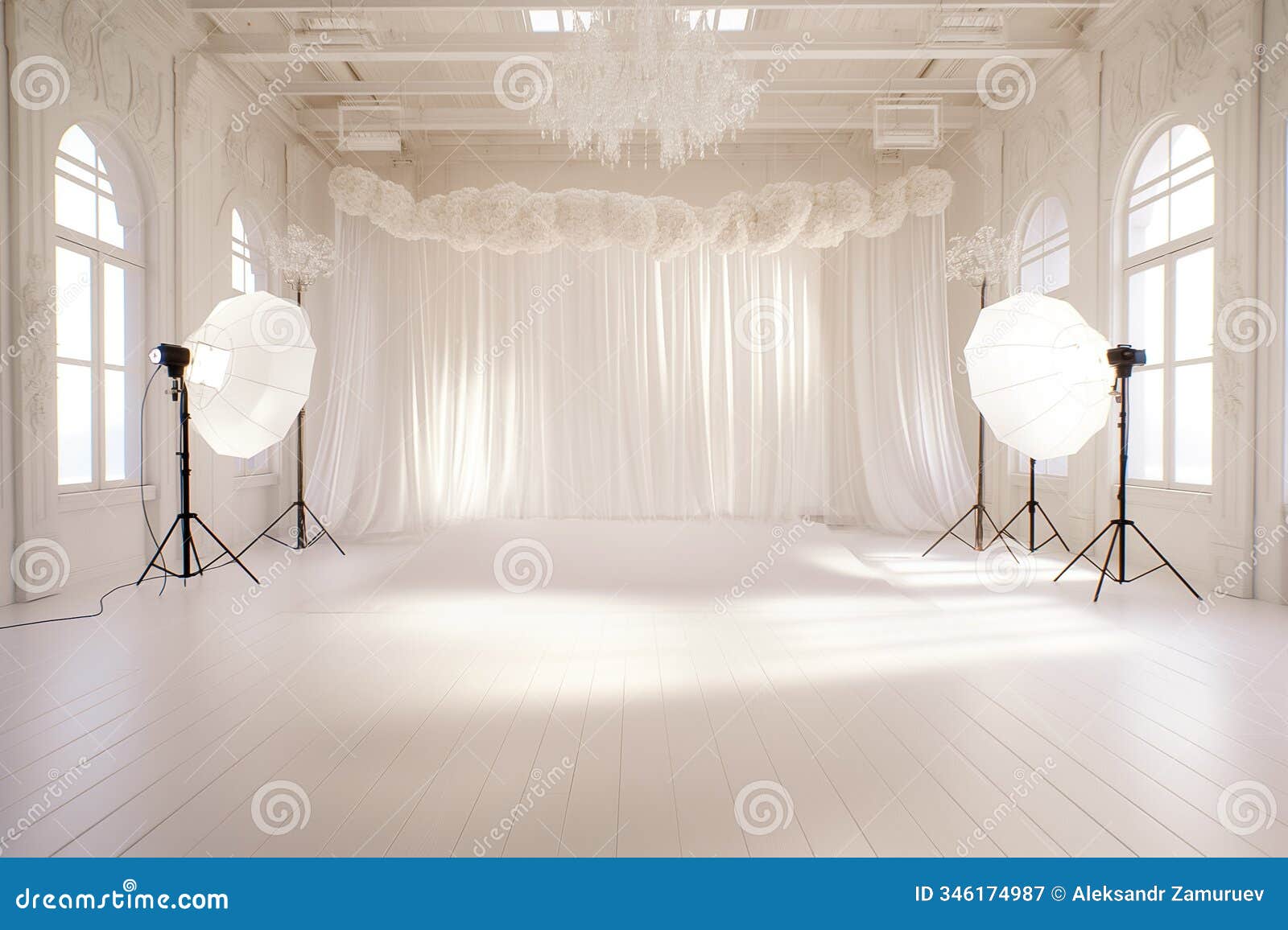 Large Bright Studio Features White Backdrop and Two Softbox Lights ...