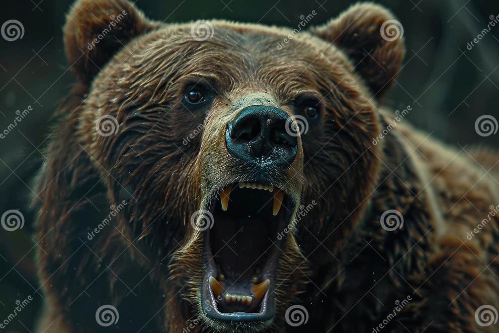 Large Brown Bear Showing Teeth and Roaring in Forest Stock Image ...