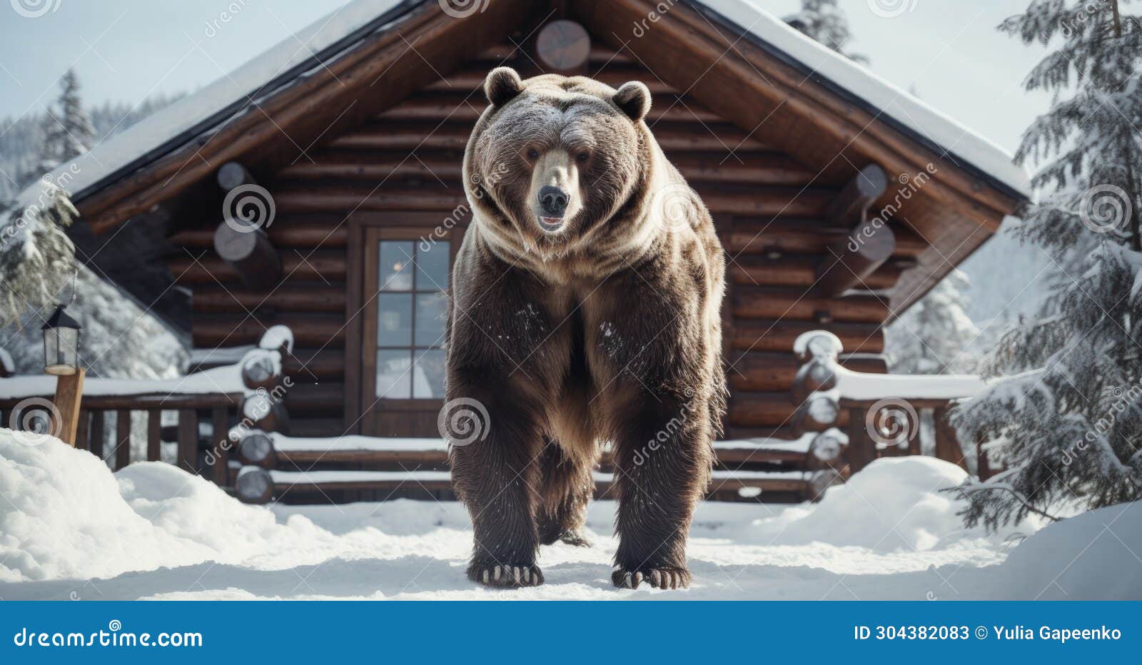 Large Brown Bear Standing Outside a Cabin in Snow Stock Image - Image ...