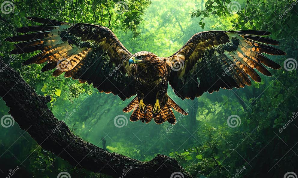 A Large Brown Eagle is Flying through a Forest Stock Photo - Image of ...