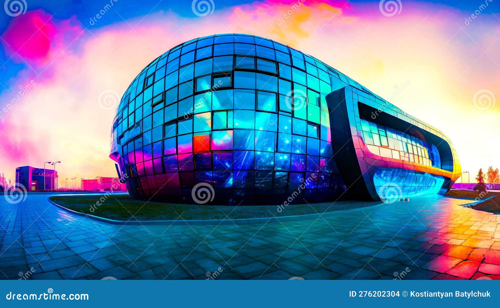 Large Building with Colorful Design on it S Side and Sunset in the ...