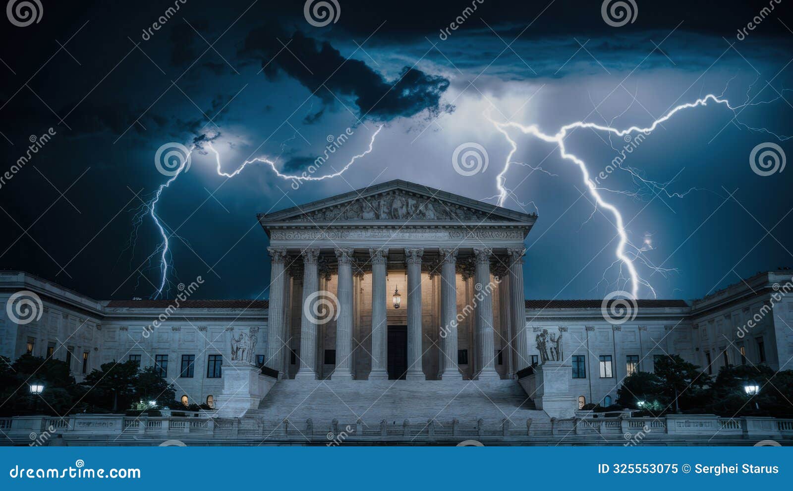 A Large Building with Columns and a Lightning Storm in the Background ...