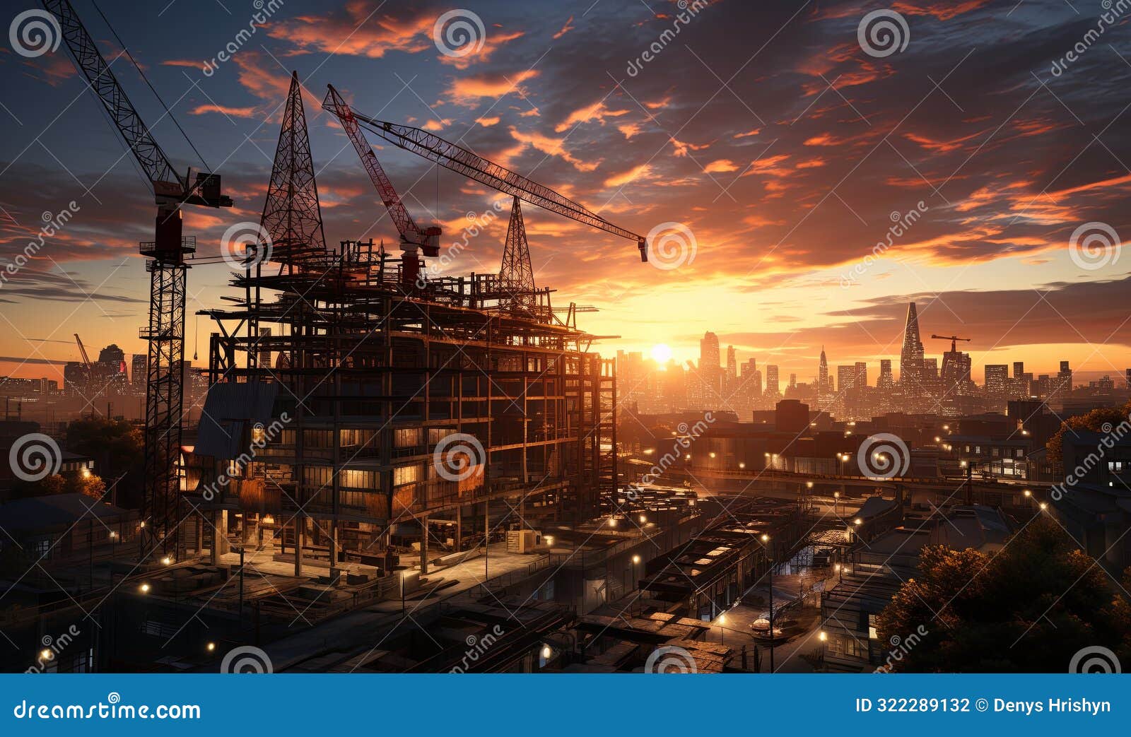 Large Building Construction with Sunset Background Stock Photo - Image ...