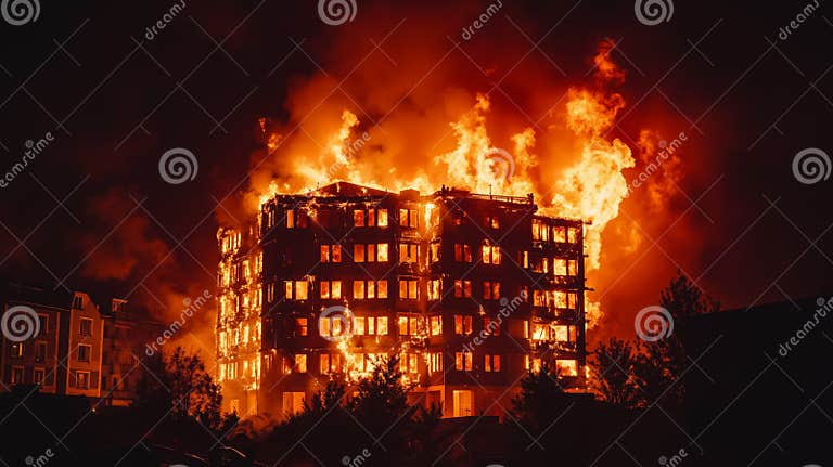 A Large Building is Engulfed by Flames at Night Stock Image - Image of ...