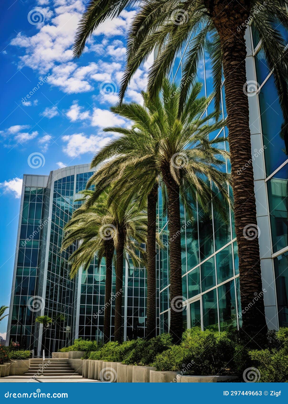 Large Building with Many Windows, Surrounded by Palm Trees. There are ...