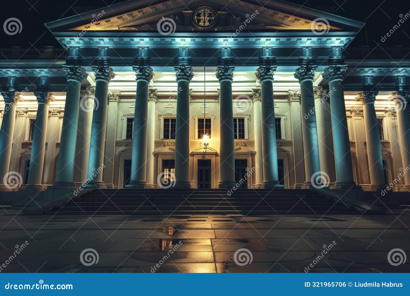 A Large Building with Pillars and a Clock on the Front Stock Photo ...