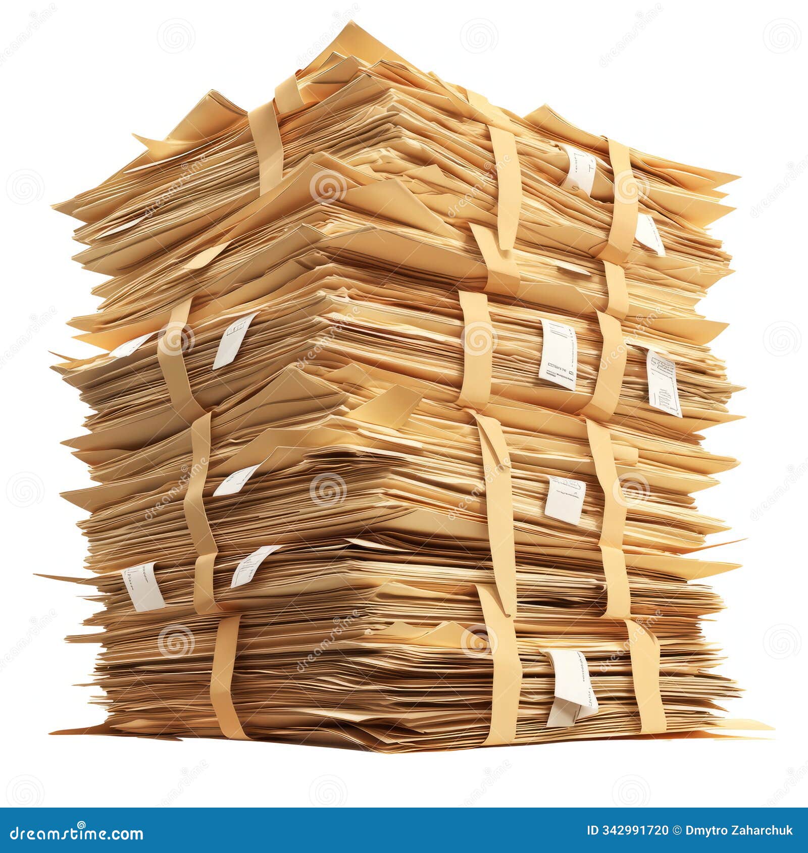 A Large, Bulky Stack of Documents Bound with Rubber Bands. on White ...