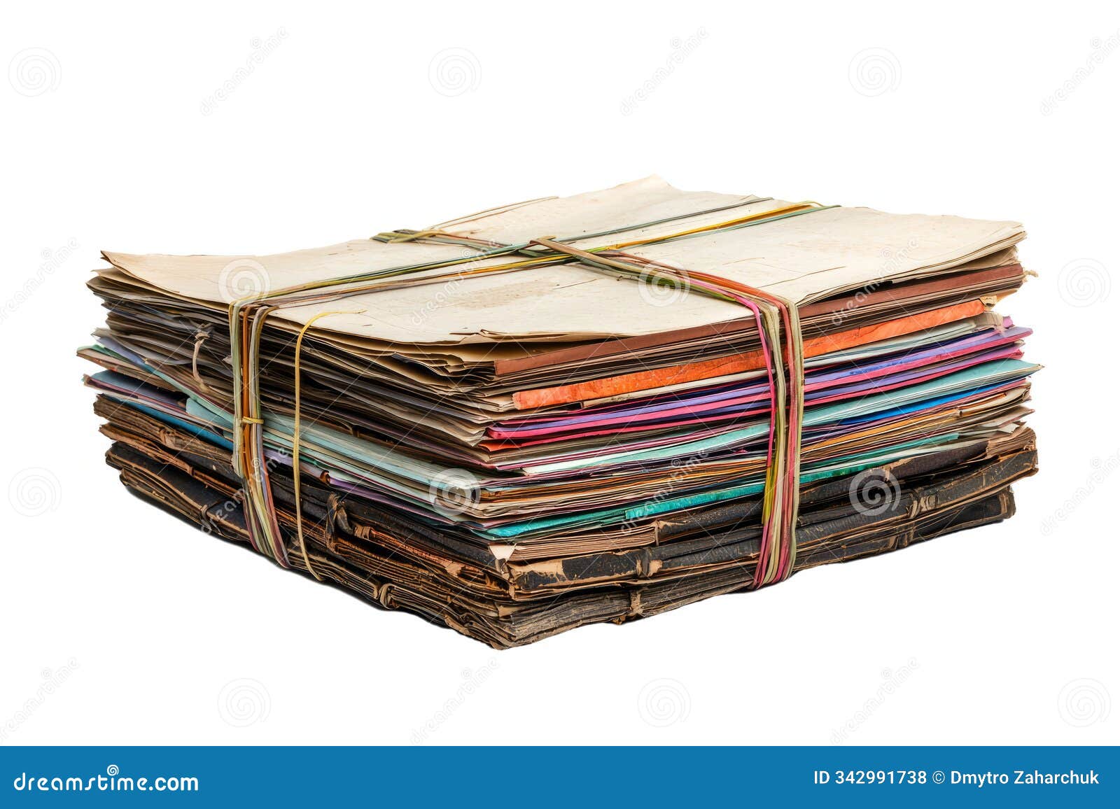 A Large, Bulky Stack of Documents Bound with Rubber Bands. on White ...