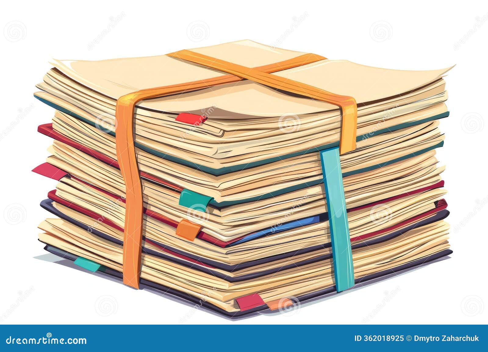 A Large, Bulky Stack of Documents Bound with Rubber Bands. on White ...