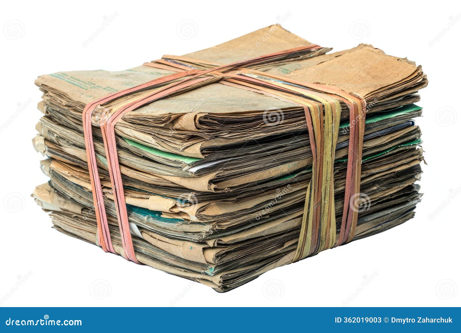 A Large, Bulky Stack of Documents Bound with Rubber Bands. on White ...