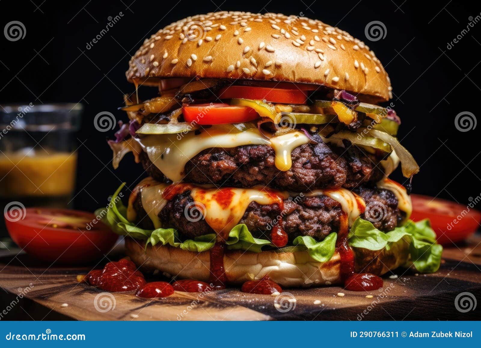 A Large Burger with a Double Layer of Meat and Vegetables Stock ...
