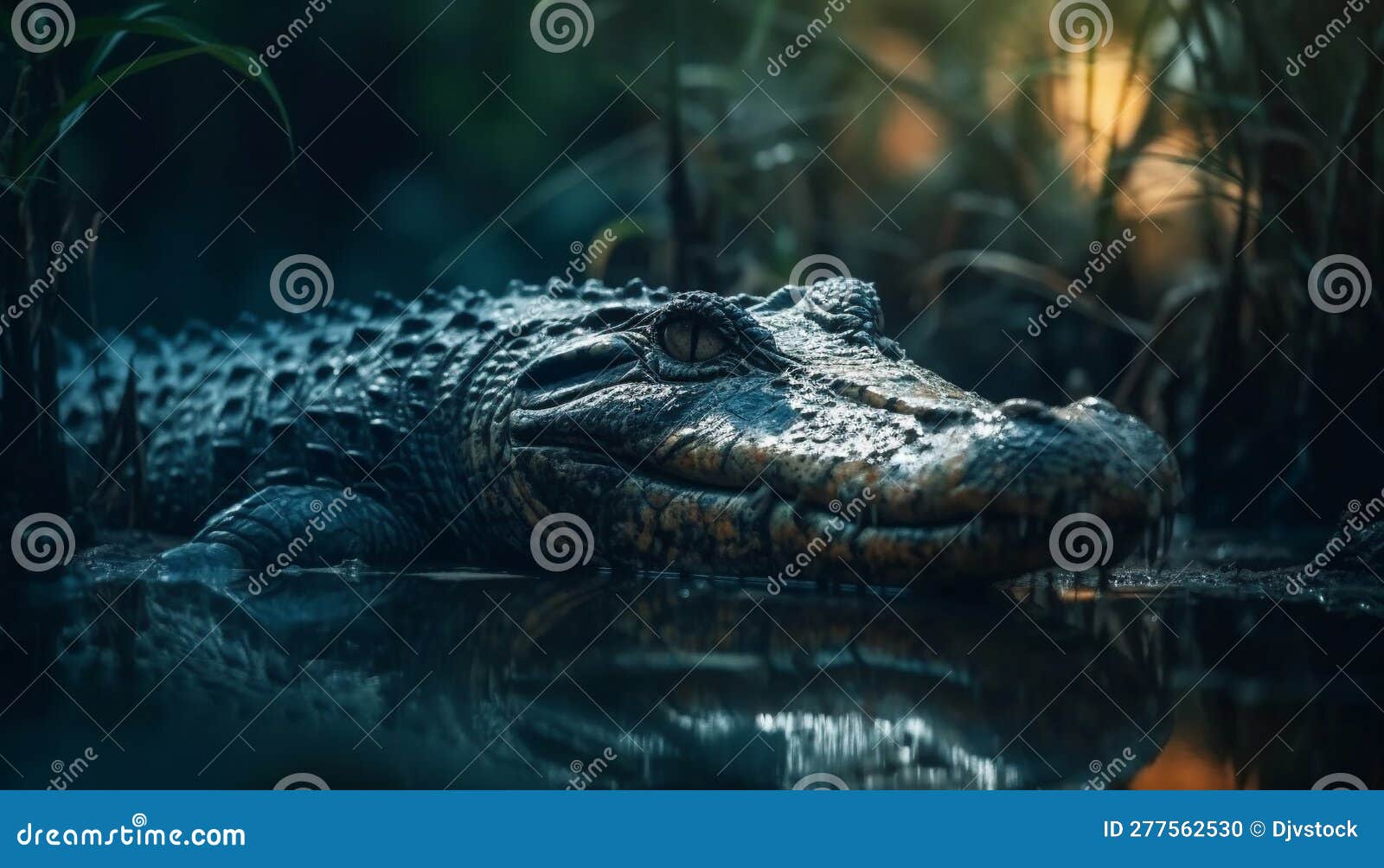 The Large Caiman Hides in the Wet Tropical Rainforest Pond Generated by ...