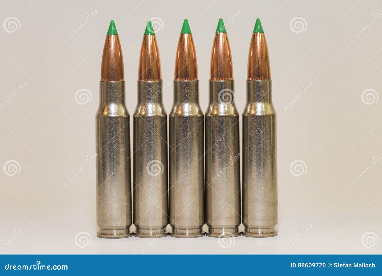 5 Large Caliber Rifle Bullets Stock Photo - Image of brass, caliber ...