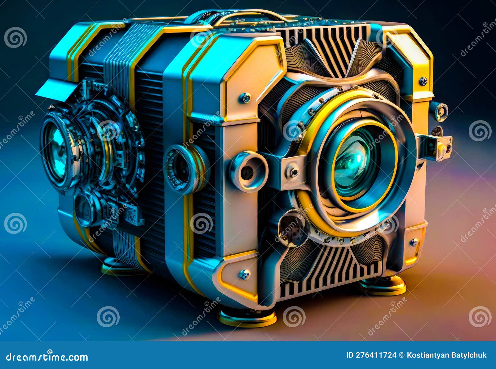 Large Camera with Large Lens on Blue and Yellow Background with Black ...