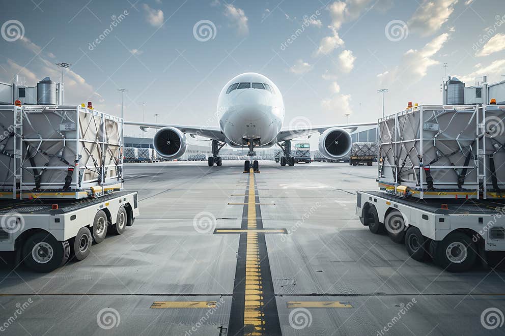 A Large Cargo Airplane Stands Ready for Loading, Surrounded by ...