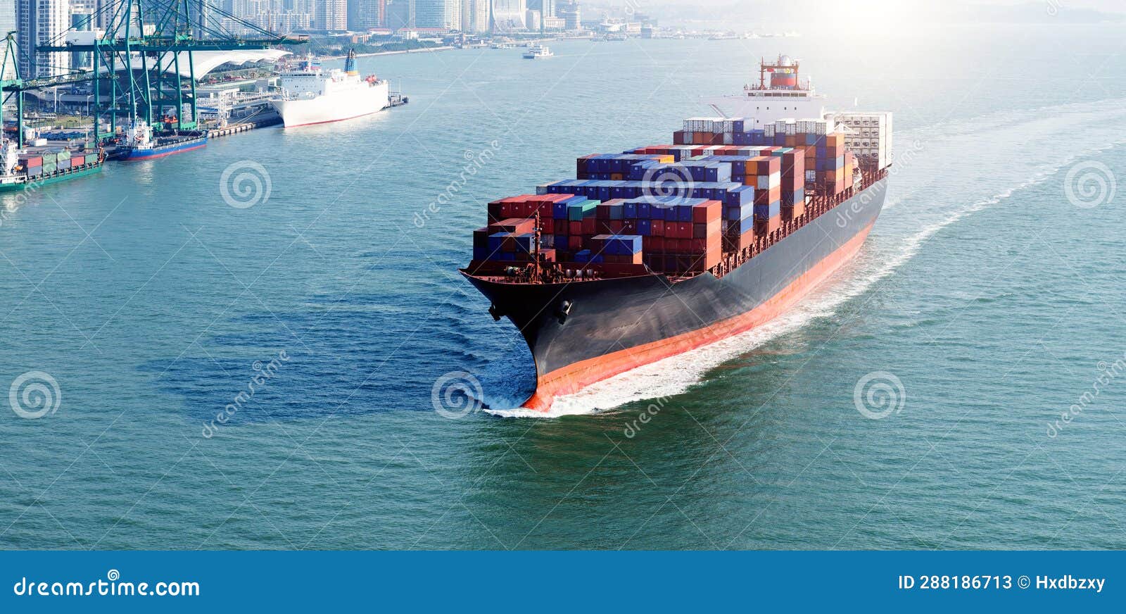 Large Cargo Container Ship Arriving Stock Image - Image of aerial ...