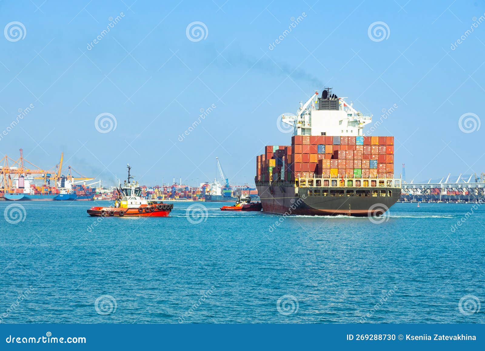 Large Cargo Container Ship Sails in the Seaport Stock Photo - Image of ...