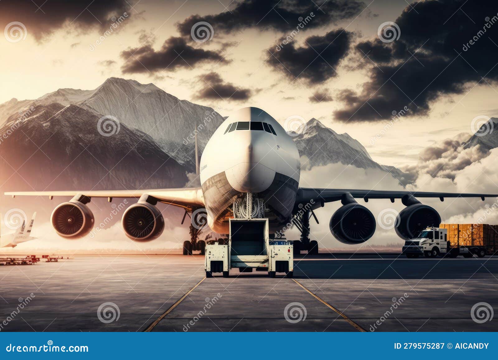 Large Cargo Plane Loading and Unloading Freight on a Runway with ...