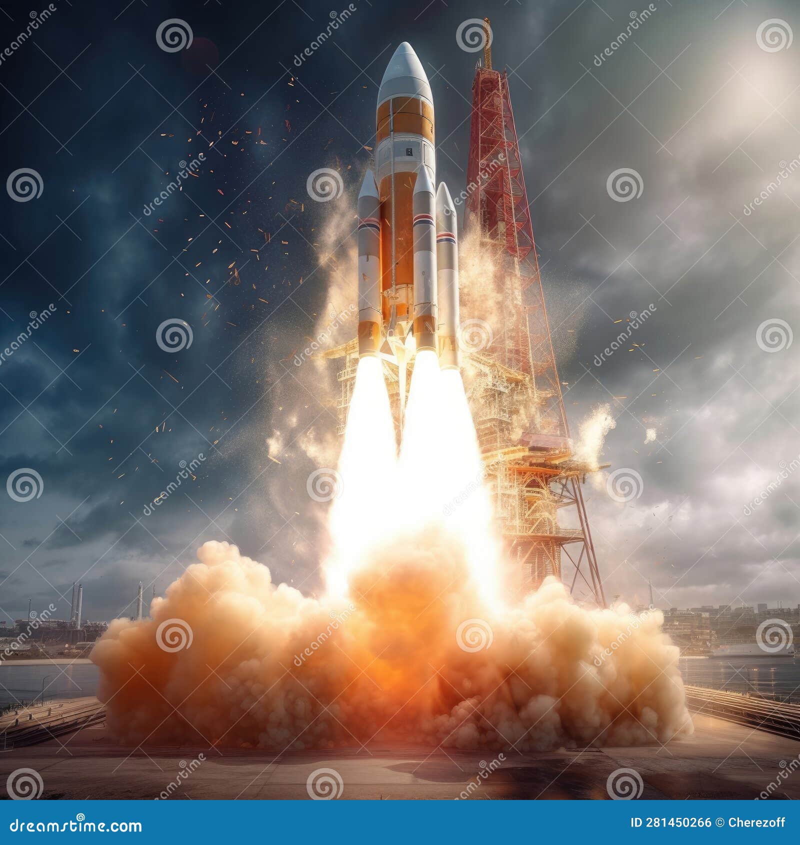 A Large Cargo Rocket is Launched from the Launch Pad Stock Illustration ...