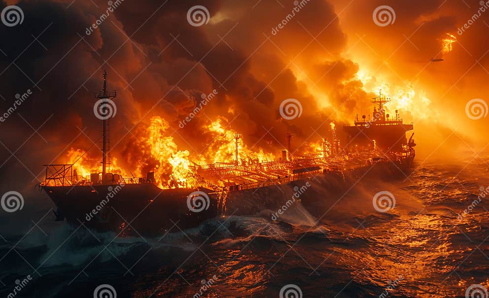 Large Cargo Ship is Engulfed in Flames. the Ship in Fire Stock Photo ...