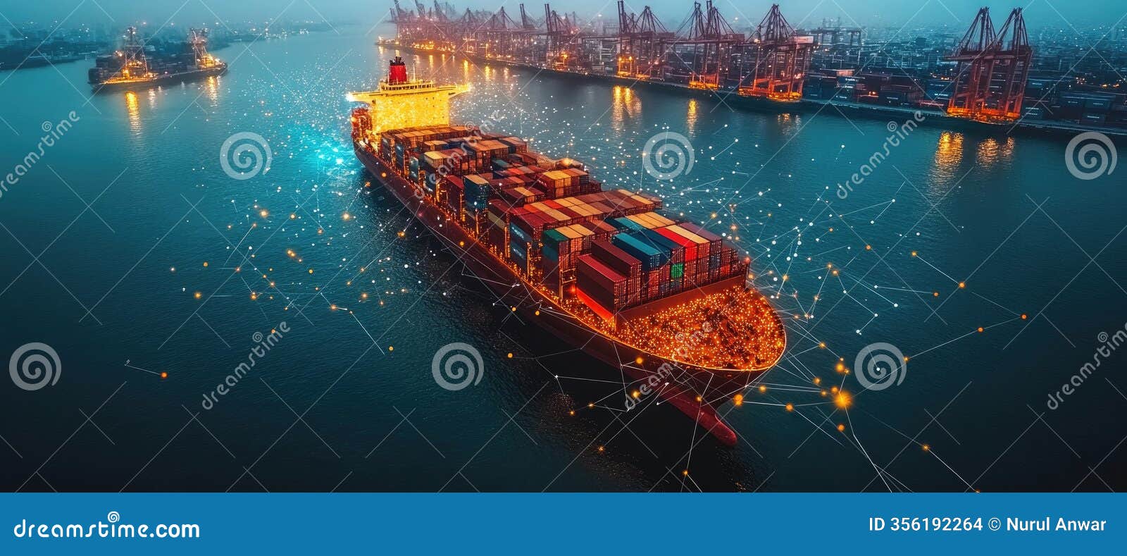 "NIGHTTIME PORT SCENE with CARGO SHIP DEPARTING and DIGITAL NETWORK ...