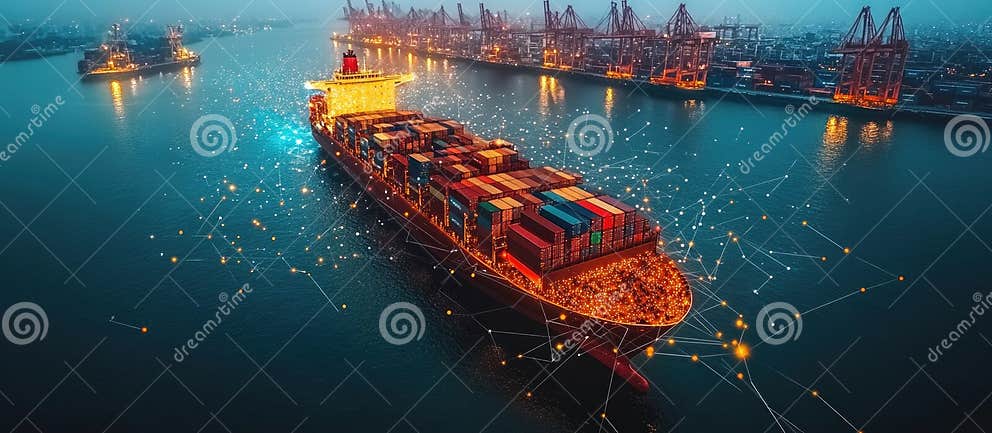 "NIGHTTIME PORT SCENE with CARGO SHIP DEPARTING and DIGITAL NETWORK ...
