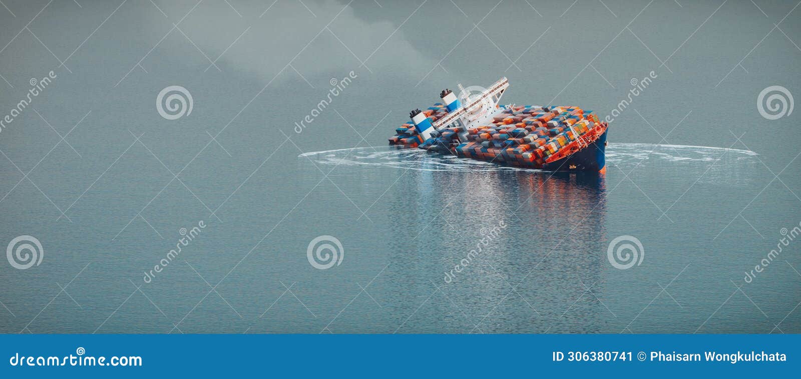 A Large Cargo Ship Tilted and Sank Sideways in the Ocean. Stock Image ...