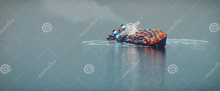 A Large Cargo Ship Tilted and Sank Sideways in the Ocean. Stock Image ...