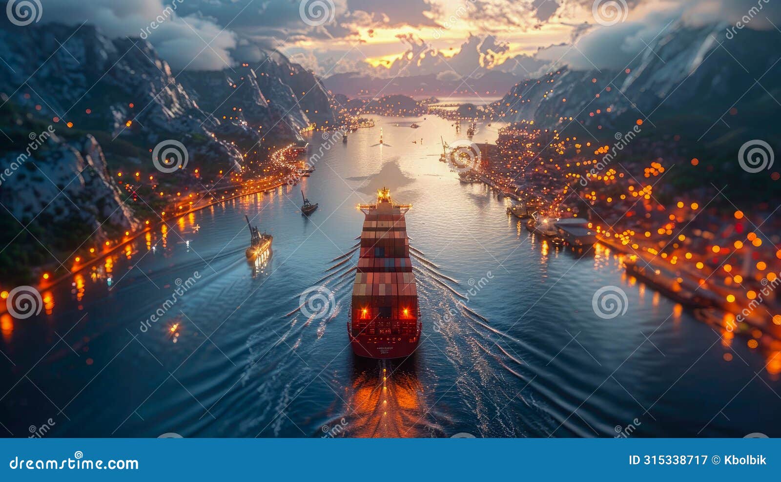 Large Cargo Ship Under Heavy Rain at Sunset in the Sea Stock ...