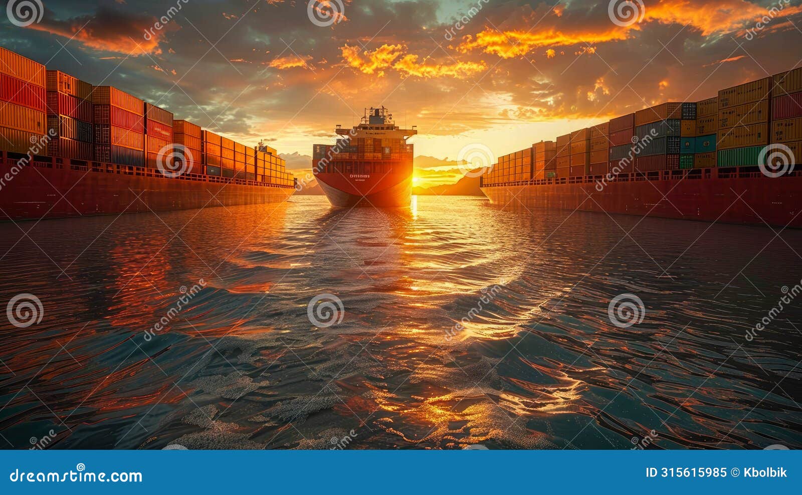 Large Cargo Ship Under Heavy Rain at Sunset in the Sea Stock ...
