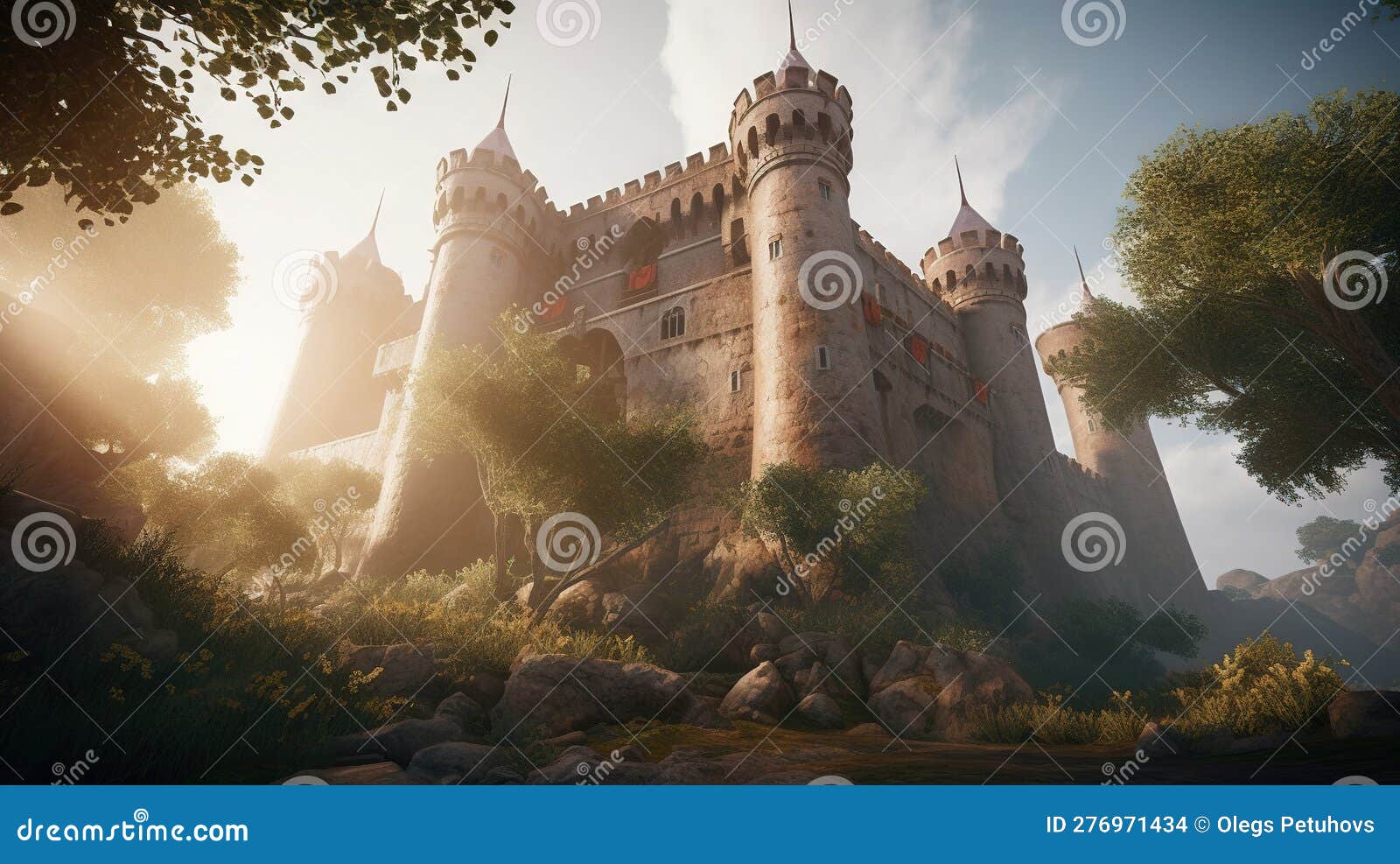 A Large Castle Sitting on Top of a Lush Green Hillside Stock ...
