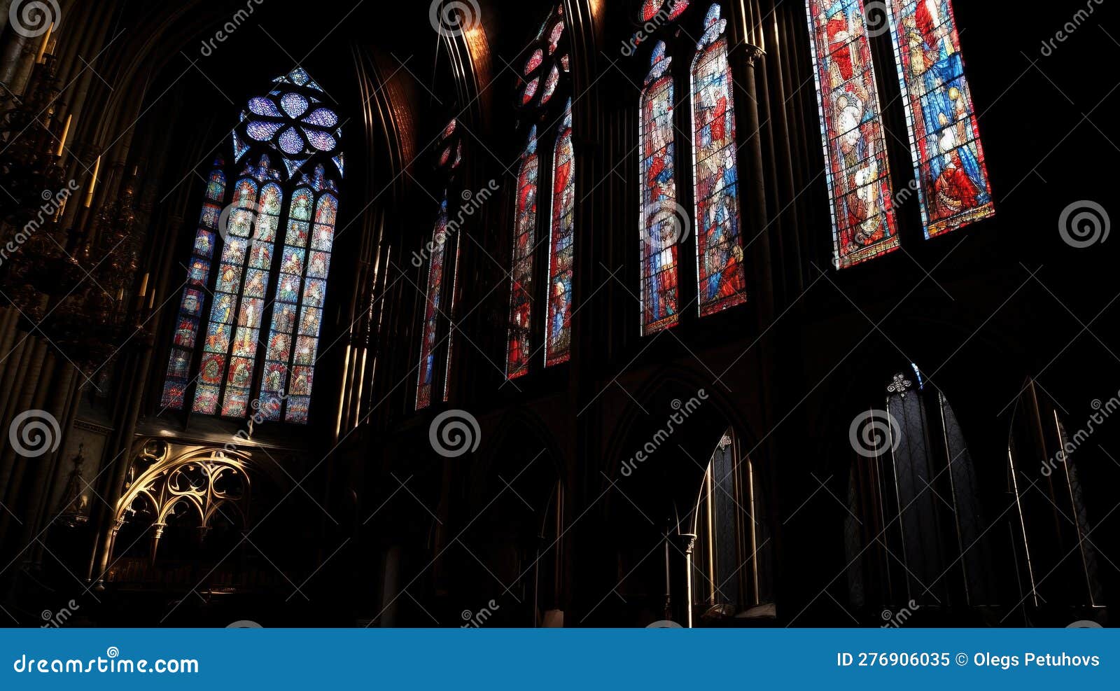 A Large Cathedral with Stained Glass Windows and a Chandelier Stock ...