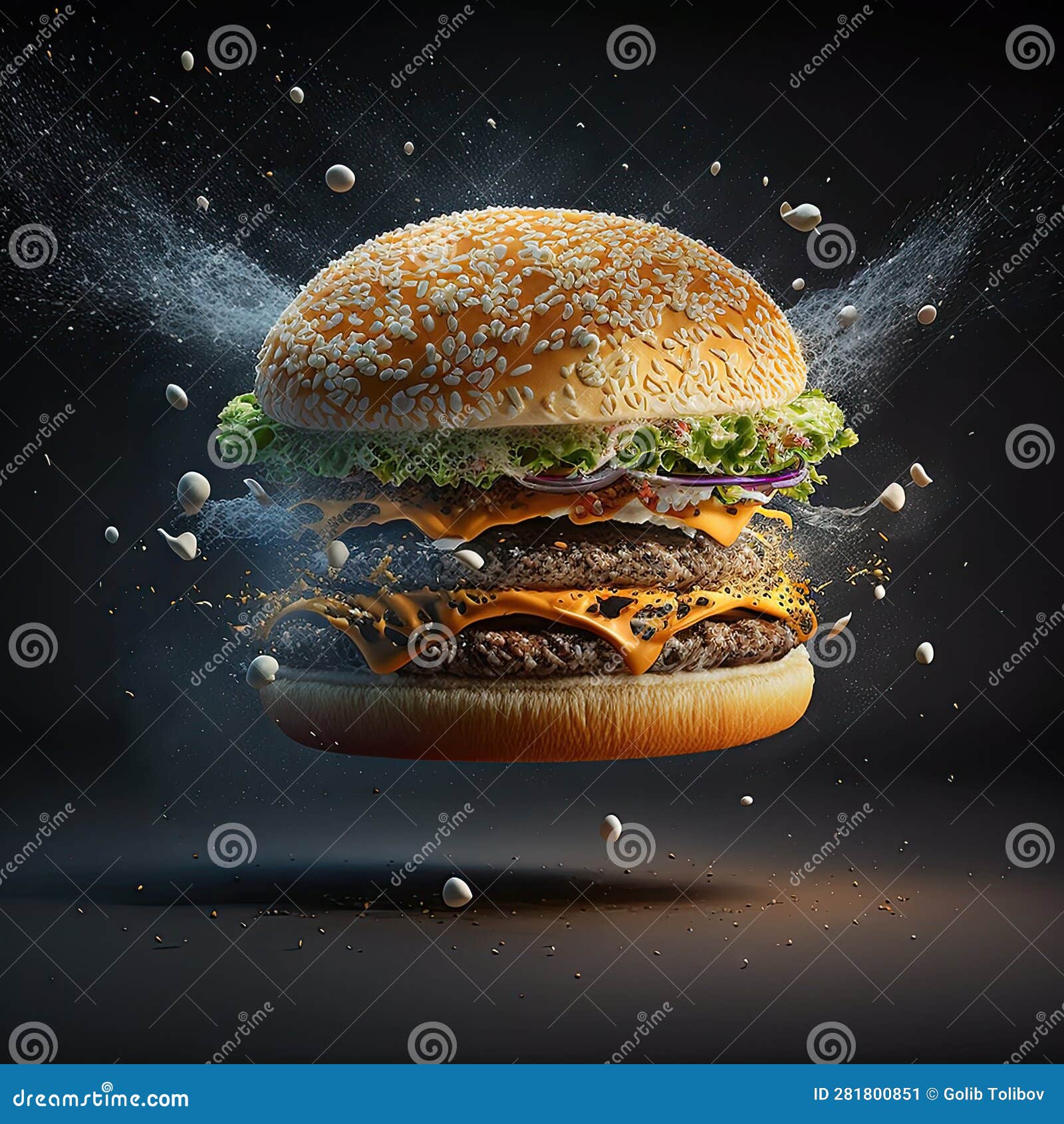A Large Cheeseburger Exploding in the Air Stock Illustration ...