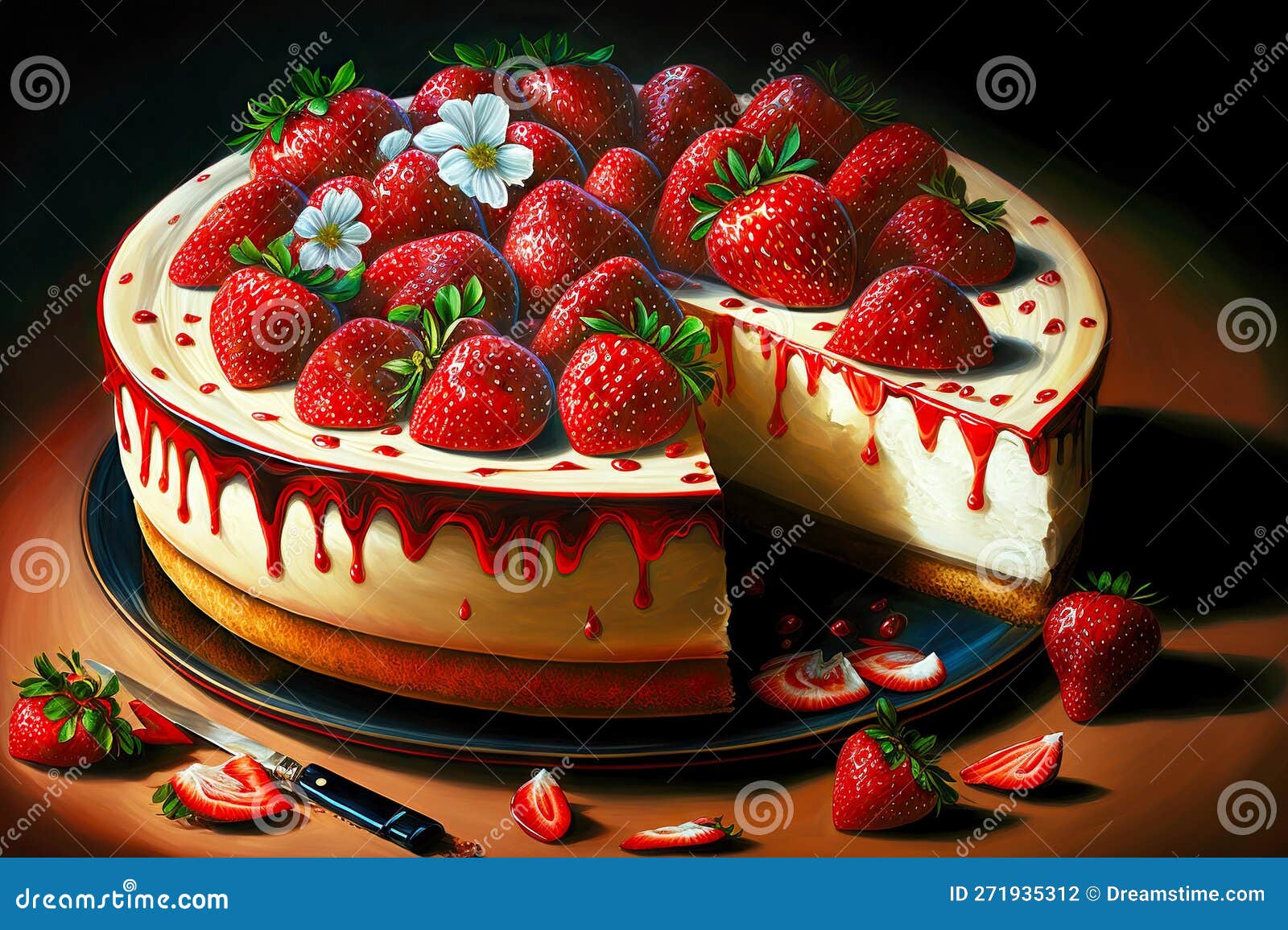 Large Cheesecake with Choed Bright Red Strawberries Stock Illustration ...
