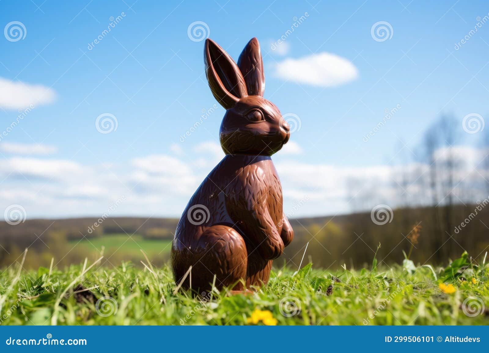 Large Chocolate Bunny Standing Upright on a Meadow with a Blue Sky ...