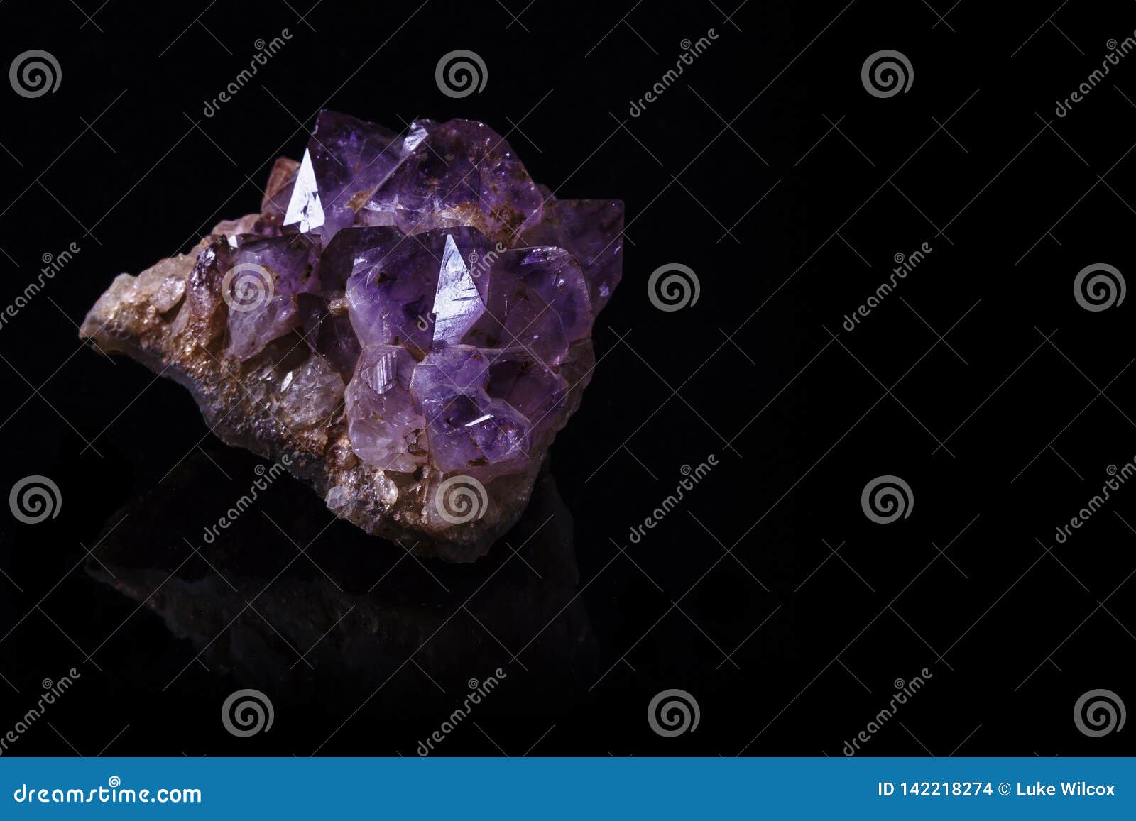 Large Chunk of Amethyst Crystals on a Reflective Black Surface Stock ...