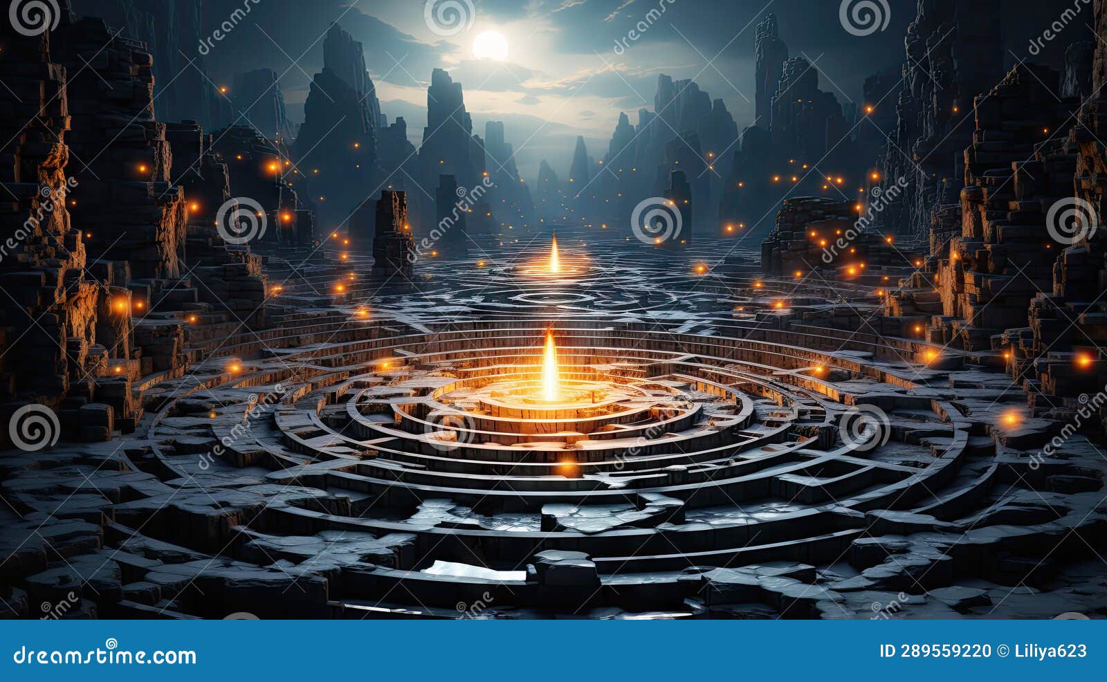 A Large Circular Labyrinth with Fire in the Middle Stock Illustration ...