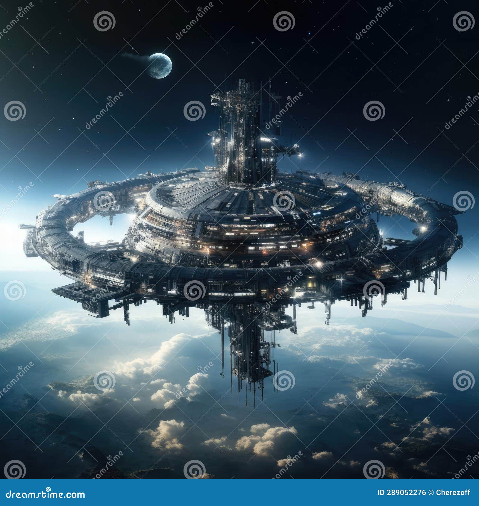 A Large Circular Space Station in Space Stock Illustration ...