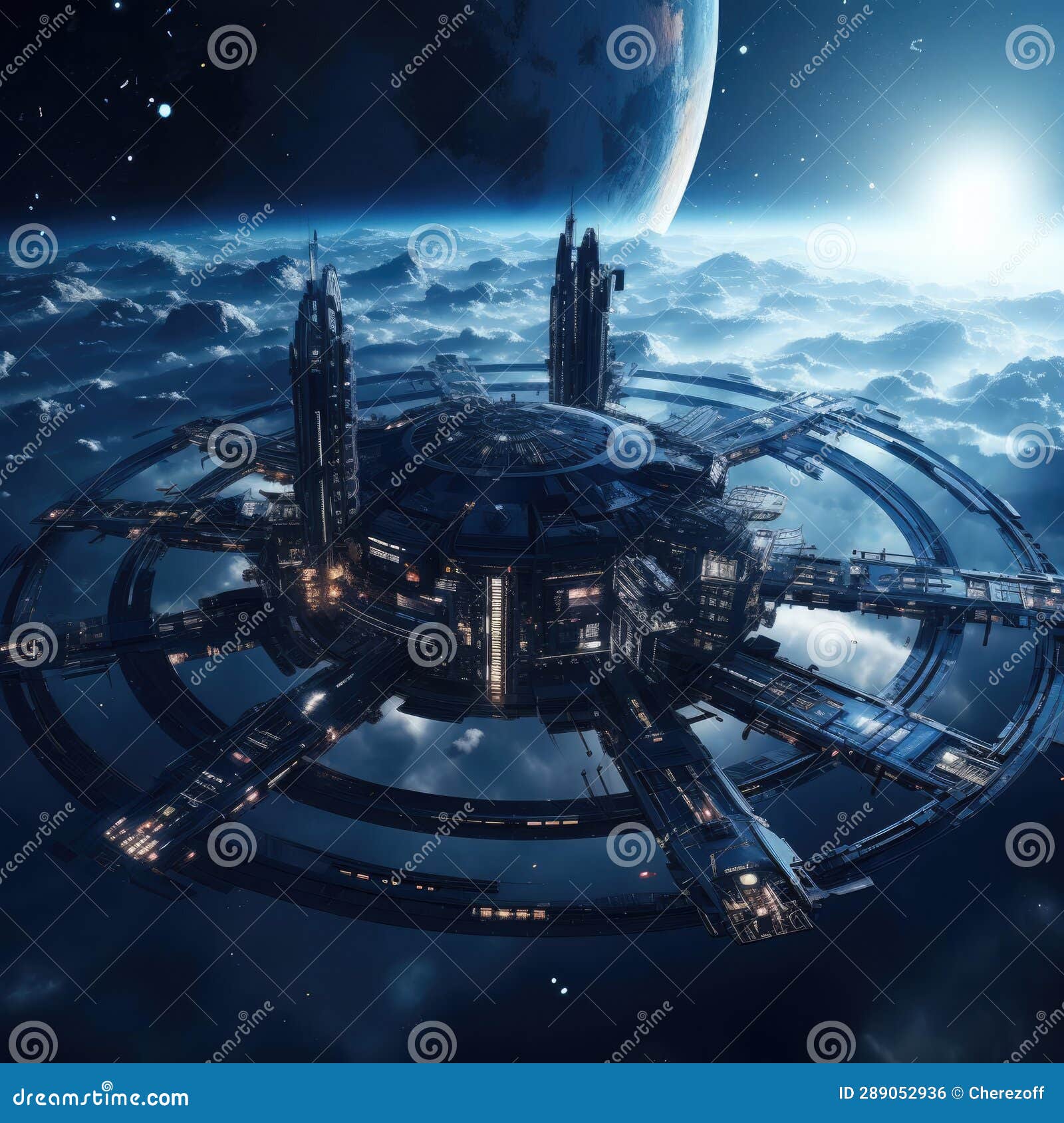 A Large Circular Space Station in Space Stock Illustration ...