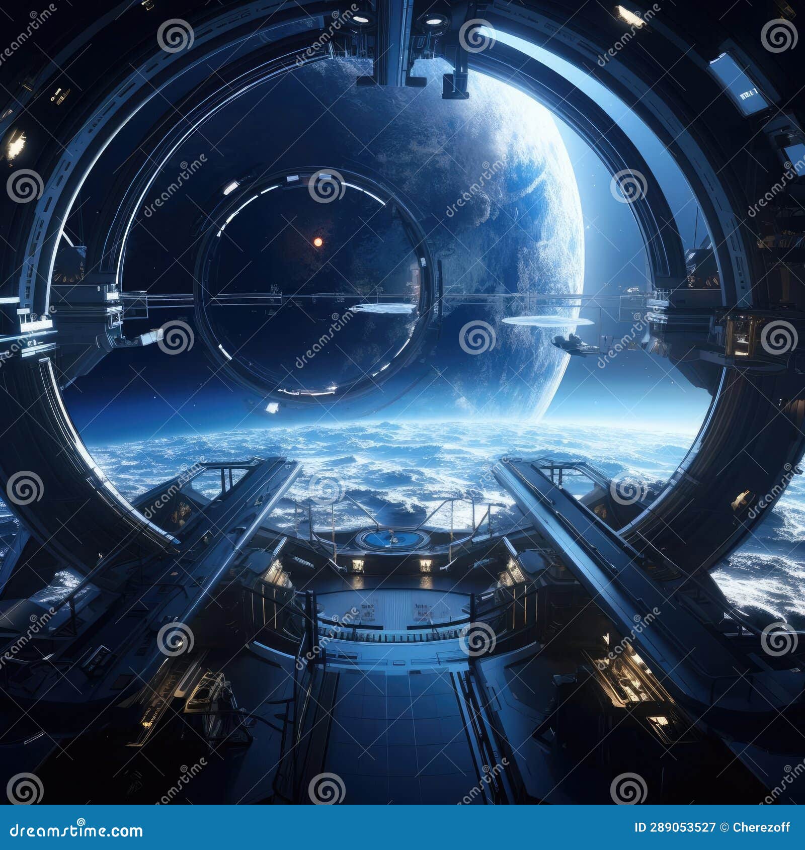 A Large Circular Space Station in Space Stock Illustration ...