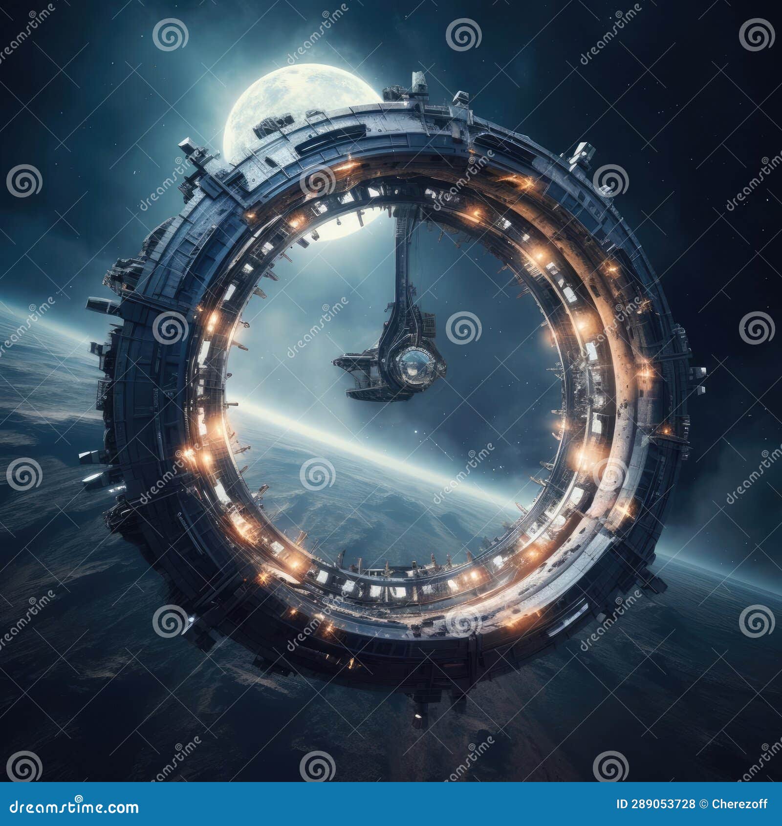 A Large Circular Space Station in Space Stock Illustration ...