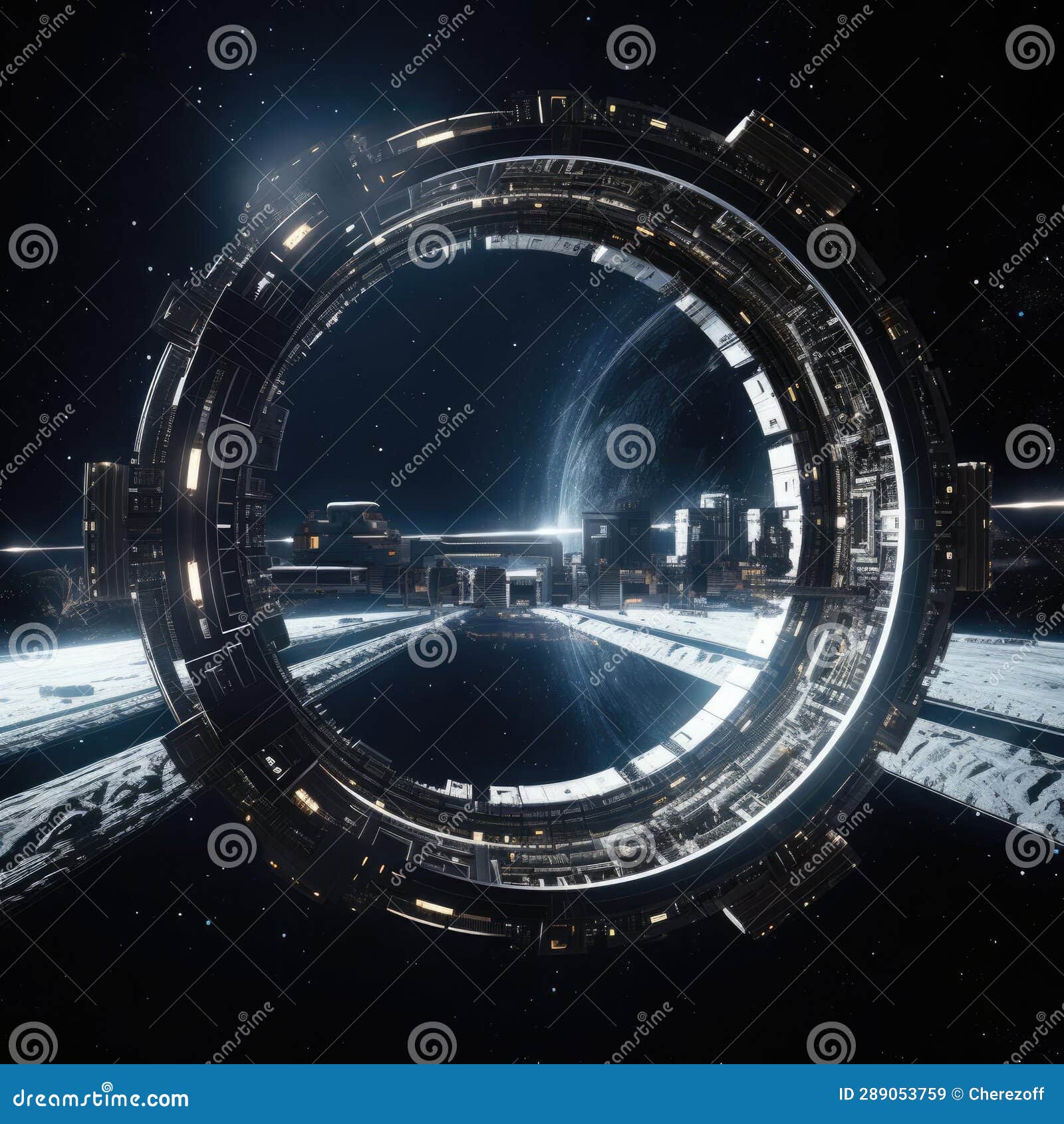 A Large Circular Space Station in Space Stock Illustration ...